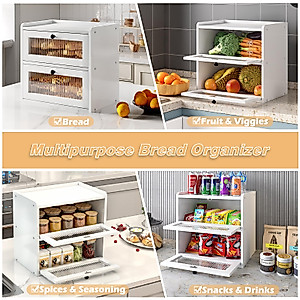 Alpeir Double Layer Large Bread Box for Kitchen Counter, Wooden Corner Bread Storage Container with Acrylic Window, White