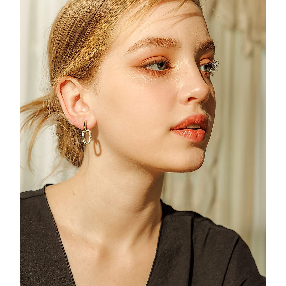 OZEL – CZ Chain Link Dangle Earrings for Women with Cubic Zirconia Stones – 14k Yellow Gold or White Gold Plated Square Oval Round U Shape (G3C0807-1)