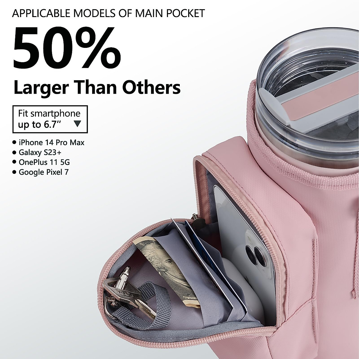 SUITMAT Cup Bag for Stanley Quencher Cup Tumbler, Water Bottle Holder with Large Pocket for Stanley Cup Accessories, Cup Pouch with Adjustable Strap, Fit for iPhone 14 Pro Max (Bag Only)