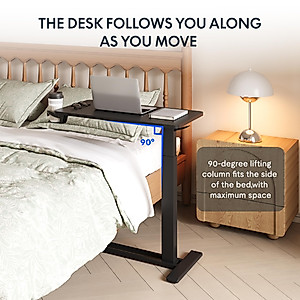 FLEXISPOT Medical Adjustable Overbed Bedside Table with Wheels Pneumatic Mobile Standing Desk Laptop Desk Rolling Computer Cart Movable Overbed Table Hospital Home Use(27.6" W x 15.7" D, Black Table)