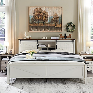 T4TREAM Farmhouse King Size Bed Frame w/Storage Bookcase Headboard, Sliding Barn Door, Charging Station, Rustic Wood Platform Bed w/Wood Slats Support, No Box Spring Needed, Antique White