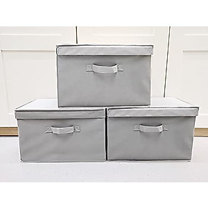 Sebadaci Storage Bins Cubes Baskets with Lids Handles Stackable Collapsible Storage Bins Baskets for Shelves, Organizing, Office Organizer, 3-pack Fabric Storage Cubes Living Room Closet, Gray, Medium