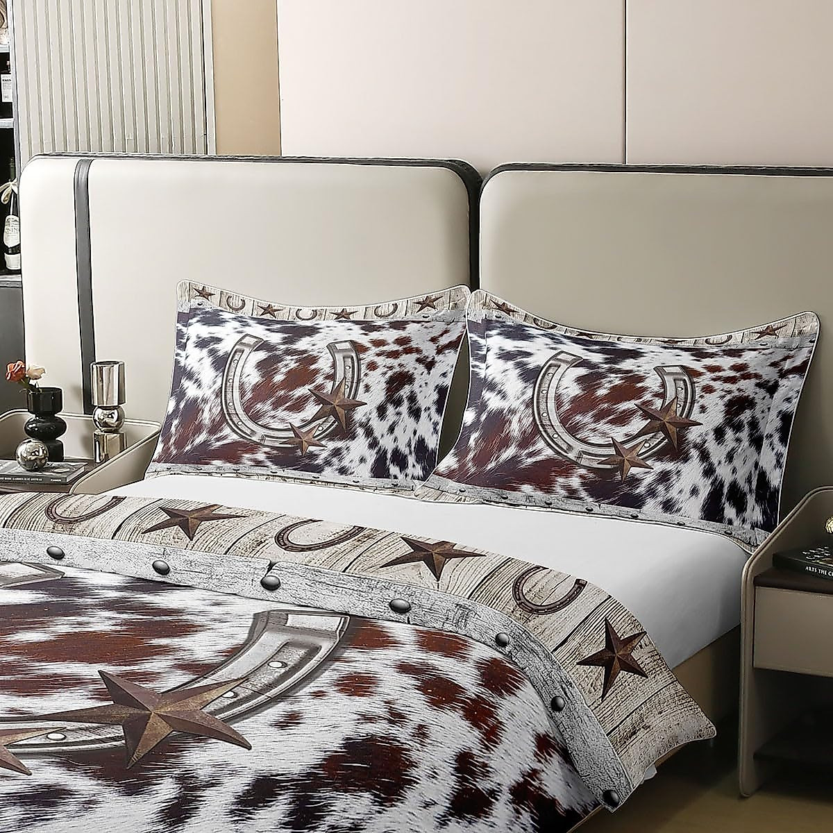 100% Organic Cotton Rustic Western Duvet Cover,Cow Print Bedding Set Queen,Farmhouse Highland Cow Farm Animal Comforter Cover for Cowboy Cowgirl,Old Barn Bed Sets with 2 Pillowcases Bedroom Decor