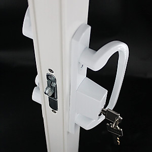 Hyneesun Patio Door Handle 3-15/16 Inch(10cm) Hole spacing（Right and Left Handed White Sliding Door Handle Set Mortise Style, keyed（Offset Position）