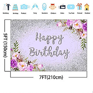 Avezano Purple and Silver Birthday Backdrop Purple Flower Sliver Bokeh Dots Birthday Party Background Adults Women Men 30th 40th 50th 60th 70th Birthday Party Banner Backdrops (7x5, Purple)