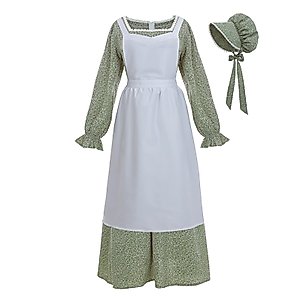 CR ROLECOS Colonial Pioneer Prairie Dress Women Floral Amish Dresses Pilgrim Costume Pioneer Trek Clothing Green S