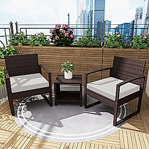 LayinSun 3 Pieces Patio Set Outdoor Wicker Conversation Bistro Set,PE Rattan Chairs with Coffee Table for Porch Lawn Garden Backyard (Brown-Light Grey)