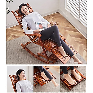MOOTEK Folding Bamboo Rocking Chair, Old Man Lunch Break Solid Wood Lounge Chair, 5 Adjustable Back Chairs, with Armrest Foot Massage Pillow, Portable Outdoor Beach Terrace Chair
