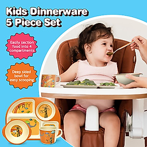 RayPard 5 Pcs Bamboo Kid Plates and Bowls Sets, Unbreakable Plastic Toddler Dinnerware Set Include Divided Plate, Bowl, Cup, Spoon, Fork, Children Durable Cartoon Tableware (Orange Elephant)