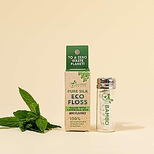 Biodegradable Mint Dental Tooth Lace Floss With Refillable & Reusable Glass Holder - 100% Organic Natural and Compostable Teeth Silk Spool Waxed With Candelilla Wax & Eco-Friendly Zero Waste Packaging