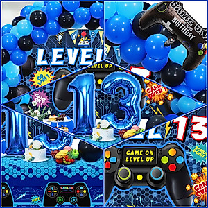 Vlipoeasn 90PCS 13th Birthday Video Game Party Decorations for Boys Set Blue 13th Birthday Supplies -13th Video Game Backdrop, Balloons, Tablecloth, Gamer and 13 Foil Balloons for 13 Years Old