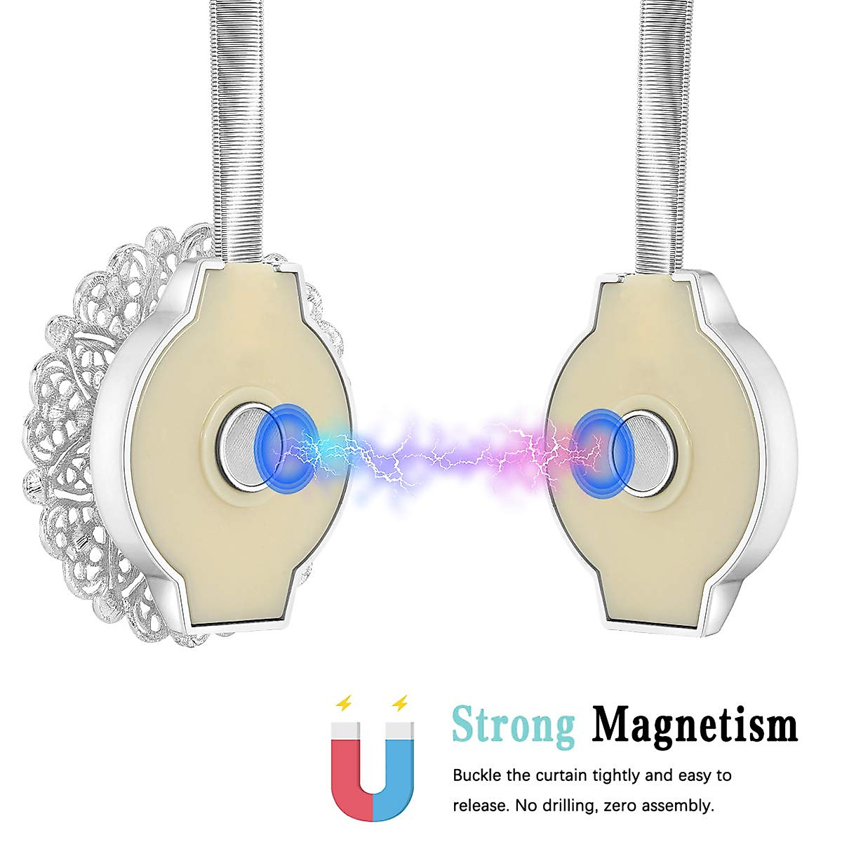 MoKo Crystal Flower Magnetic Curtain Tiebacks, 2 Pack Window Curtain Decorative No Drilling Drapery Holdbacks Flower Curtain Buckle with High-Elastic Spring Wire for Home Office Decor - Silver