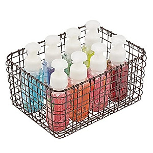 mDesign Farmhouse Metal Bathroom Storage Organizer Bin Basket for Vanity, Towels, Cabinets, Shelves - Holds Sponges, Make-Up, Shampoo, Conditioner, Cosmetics, Hand Towels - 12" x 9" - 6 Pack - Bronze