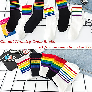Ronglry 6Pairs Rainbow Striped Socks for Women Men Pride Crew Socks Colorful Novelty Cotton Socks Rainbow Pride Socks High Rainbow Funny Socks for Pride Sport Athletic Socks Rainbow Tube Socks Gifts-A