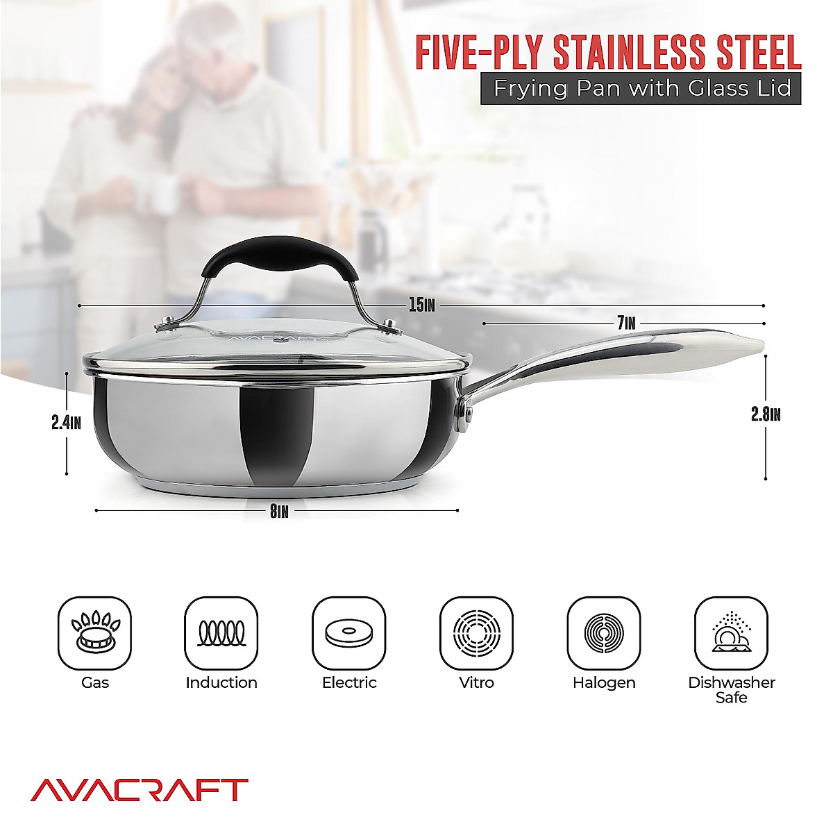 AVACRAFT 18/10 8 Inch Stainless Steel Frying Pan with Lid, Side Spouts, Induction Pan, Versatile Stainless Steel Skillet, Fry Pan in our Pots and Pans (Stainless Steel, 8 Inch)