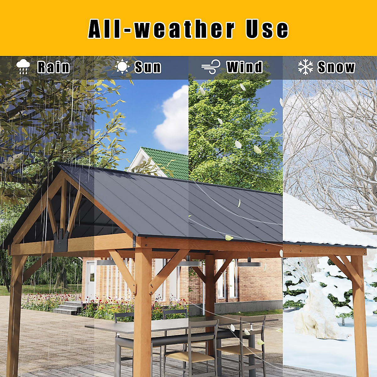 Joyside Cedar Wood Gazebo 13 x 15 ft. Wood Patio Gazebo - Cedar Wood Framed Gazebo with Metal Steel Gable Roof Hardtop Gazebo for Patio, Garden, Lawns and Parties