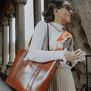 S-ZONE Leather Tote Bag for Women Office Shoulder Handbag 15.6 Inch Work Laptop Briefcase (Dark Brown)