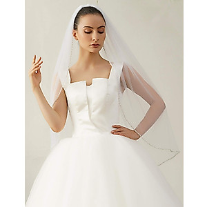 ELAWBTY Womens 1 Tier Fingertip Length Short Crystal Beaded Wedding Bridal Veil With Comb X09 Ivory