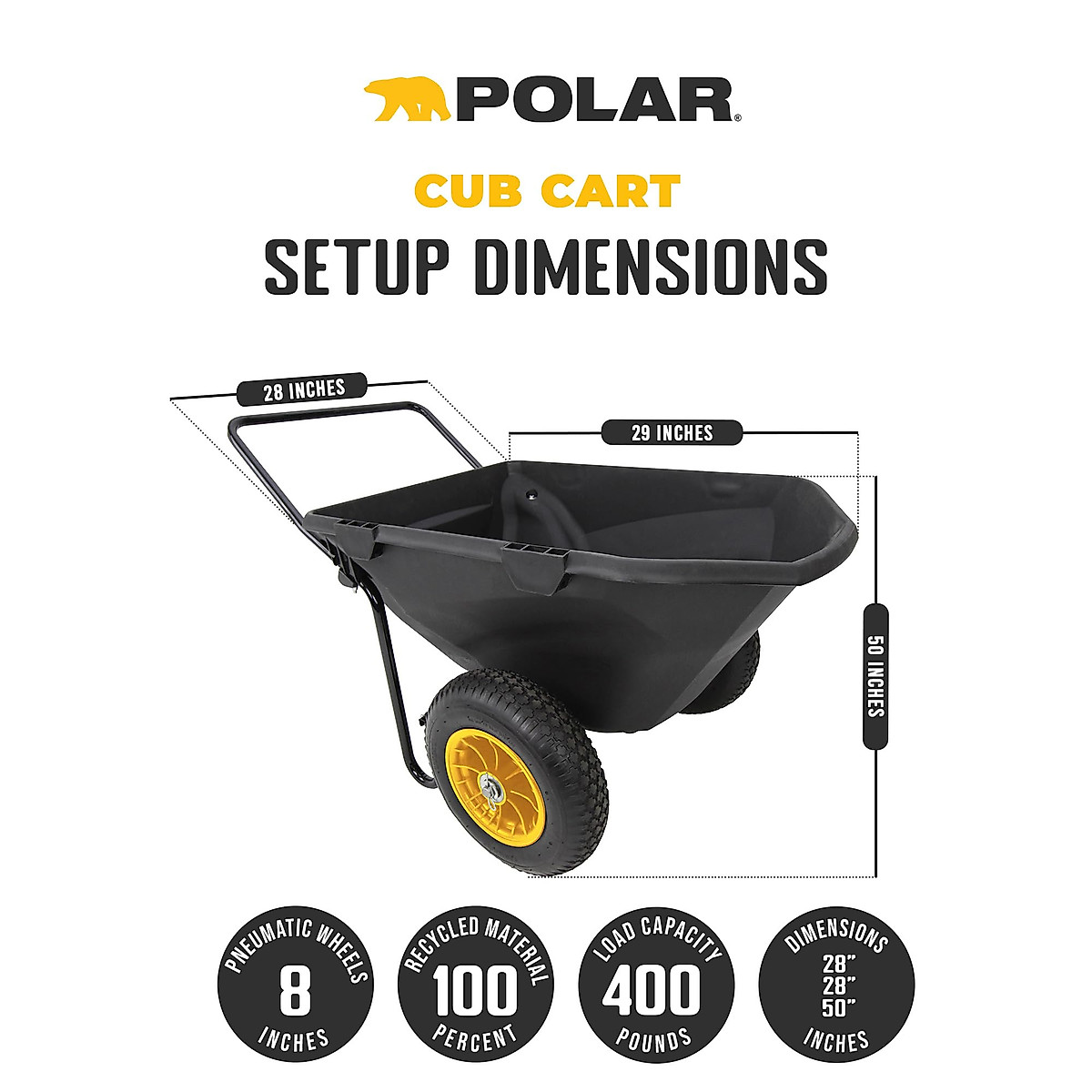 Polar Trailer 7 Cubic Foot Heavy Duty Utility Yard Garden Cart Wheelbarrow Cub Cart with Handle and Wide Track Rubber Wheels Hauling Outdoor, Black