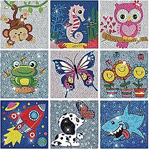 HUBENDMC 9 Pack 5D Diamond Painting Kits for Kids Cute Full Drill Diamond Art Kits for Beginners DIY Gem Arts and Crafts for Kids Ages 8-12 Diamond Dots for Home Wall Decor 6X6 inch