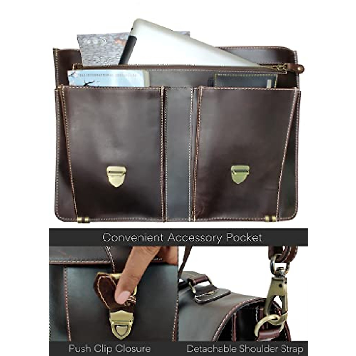 RUSTIC TOWN Handmade 16 inch Brown Leather Shoulder Briefcase Messenger Bag Men's 15.6-inch Laptop Satchel