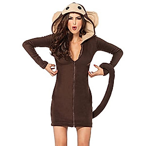 Leg Avenue Cozy Monkey Hooded Fleece Dress with Tail-Cute Halloween Costume Onesie for Women, Brown, Large