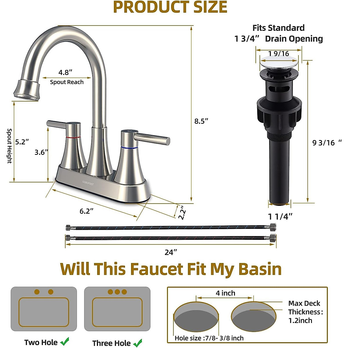 QSBOFOST Bathroom Faucets 4 inch Bathroom Sink Faucet with Pop Up Drain,360 Swivel Spout,Stainless Steel Lead-Free Sink Faucet with 2 Water Supply Lines for Bathroom Sink 2-3 Holes (Matte Black)