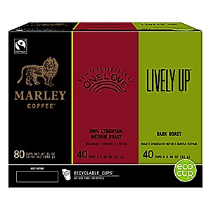 Marley Coffee One Love & Lively Up Variety Pack, Fairtrade Certified, Keurig K-Cup Brewer Compatible Pods, 80 Count