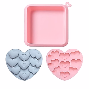 Silicone Square Cake Baking Pan Bakeware Brownie Pan+2 Silicone Heart Cake Pan, Mold a set of 3