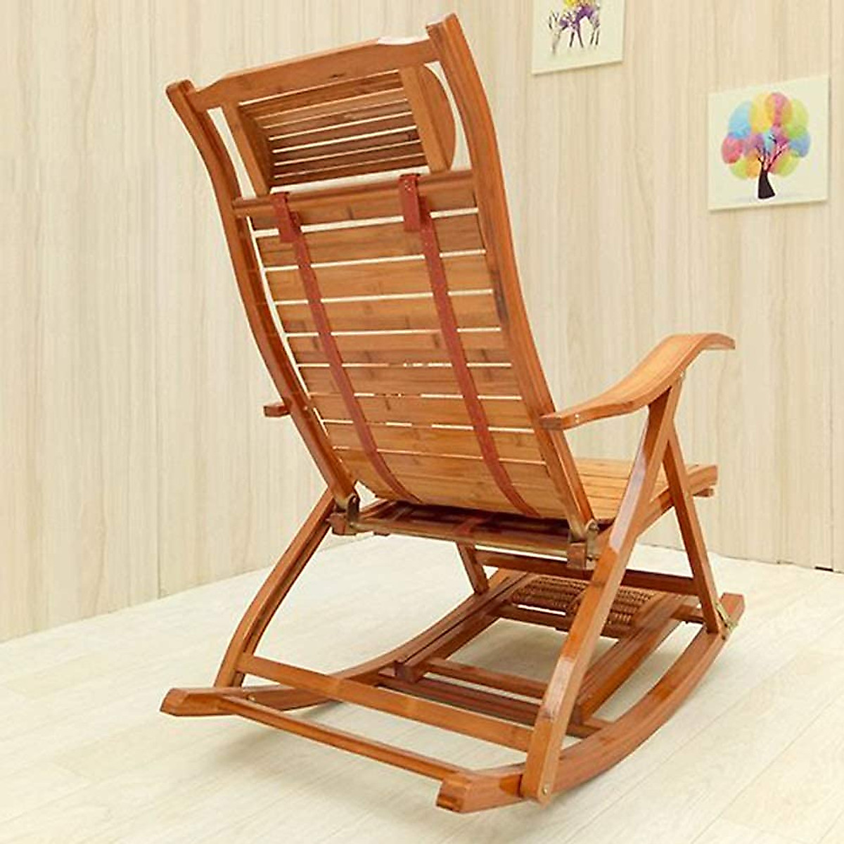 BROHN Lounge Chair, Lounge Chairs,Bamboo Rocking Chair Adjustable Folding Recliner Summer Outdoor Sun Loungers Armchair Balcony Old Man Siesta Chair with Headrest and Foot Massage
