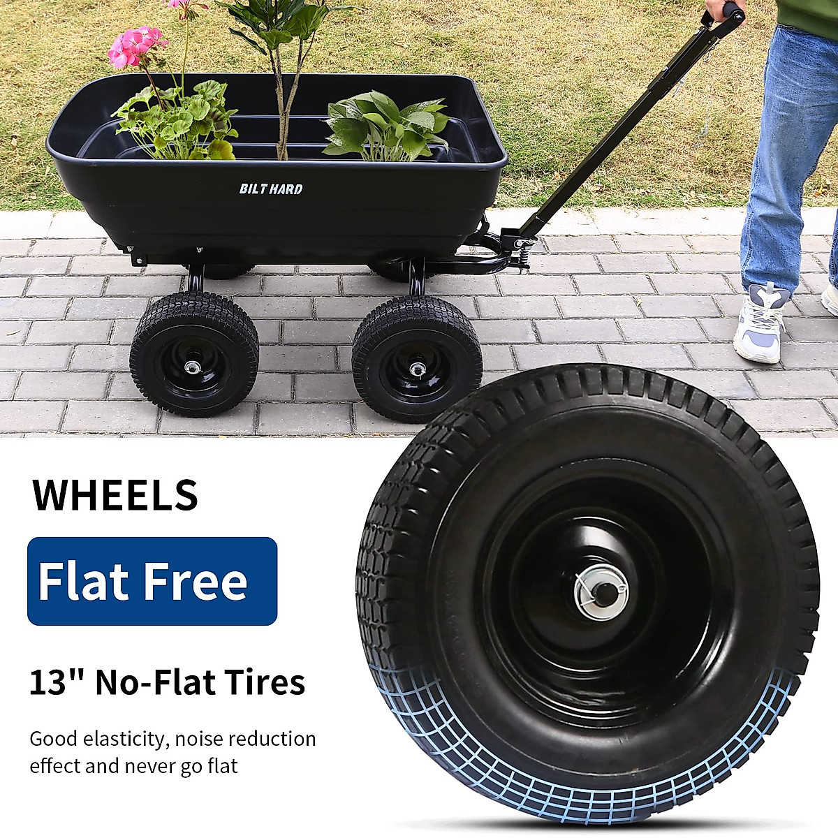 BILT HARD 7 Cu.Ft. 13" No-Flat Tires Poly Yard Dump Cart with 2-in-1 Convertible Handle, 1200 lbs Capacity Heavy Duty Lawn Tractor Cart