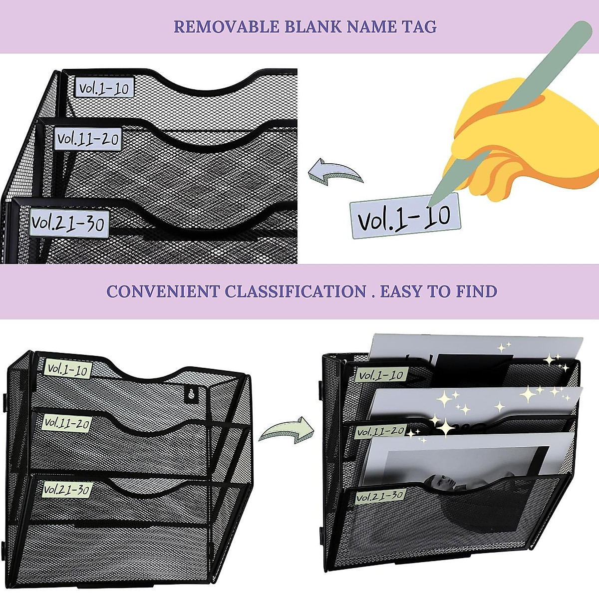 EXOFC 2Pack 3 Pockets Wall File Organizer,Mail Organizer Magazine Holder,Vertical Wall Mounted Mesh Hanging File Holder,Paper Organizer Mail Holder Magazine Rack for Home Office(Black)