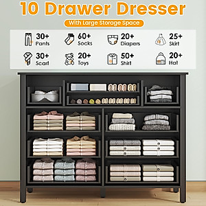 10 Drawer Large Black Dresser for Bedroom, 47.2" Long Chest of Drawers with Deep Drawers, Modern Wooden Storage Dresser for Closet, 36.2" Tall Dresser TV Stand for Living Room, Hallway, Entryway