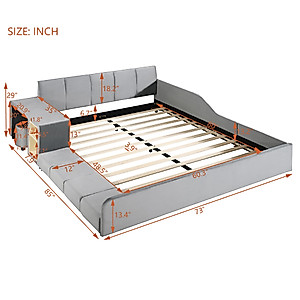 Versatile Queen Size Upholstered Grounded Bed,Mother & Child Bed with Bedside Desk and Little Round Stool,for Kids Teens Adults Bedroom Use (Gray@Desk, Queen)