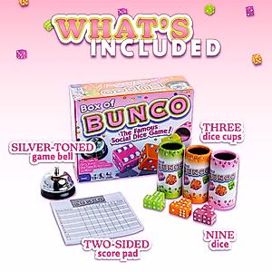 Continuum Games Box of Bunco Game Party Box for Ladies Night with The Girls, Adult Games for 2-12 players with 3 Sets of Bunco Dice, Bell, and Score Pad for Ladies Night Games, Bunco Gifts for Women