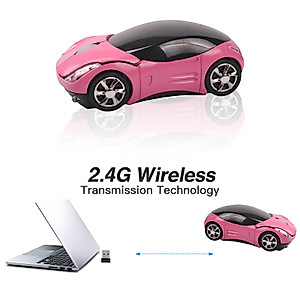 WAONIQ Wireless Mouse, 2.4G Wireless Mouse Car Mouse, Ergonomic Game Mouse with USB Receiver, 1600DPI Optical Mouse, Smart Power Saving, Portable Mouse for PC Windows Laptop Notebook Mac OS(Pink)