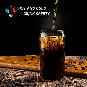 8 Pcs Drinking Glasses with Bamboo Lids and Glass Straw - 16 Oz Can Shaped Glass Cups Beer Glasses Ice Coffee Glasses Cute Tumbler Cup Great for Soda Boba Tea Cocktail Include 2 Cleaning Brushes