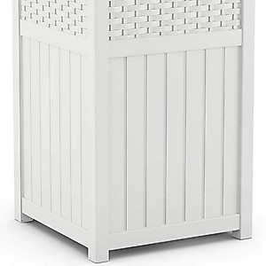 Suncast 33 Gallon Durable Plastic Hideaway Outdoor Garbage Can Trash Bin with Lid and Wicker Design for Backyard, Deck, or Patio, White