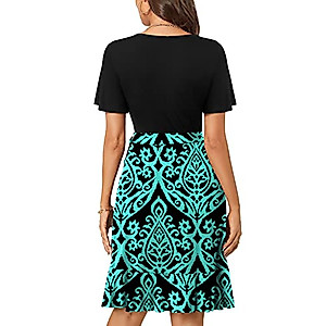 Aodemo Women's Summer Flutter Sleeves Empire Waist T-Shirt Dresses Patchwork Ruffle Hem Swing Tie Waist Dress L, Black/Fl Blue-Green