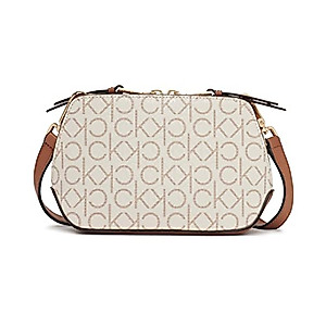 Calvin Klein Lucy Triple Compartment Crossbody, Vanilla/Khaki/Caramel Embossed
