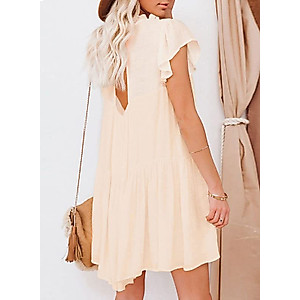 Dokotoo Womens Sundresses Ladies Summer Spring High Neck Ruffle Elegant Loose Fit Flare Short Sleeve Cute Chiffon Boho Flowy Swing Tunic Mini Short Dresses for Women Casual Summer Beige Large
