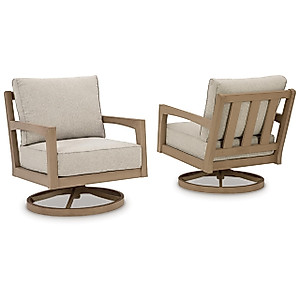 Signature Design by Ashley Hallow Creek Cottage Weather Resistant Outdoor Swivel Lounge with Cushion, Light Brown & Beige