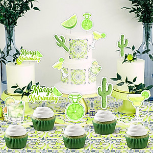 JOYMEMO 24 Pcs Margs & Matrimony Bachelorette Cupcake Toppers - Green Margarita Bridal Shower Decorations, Margaritas and Matrimony Bridal Shower Cake Decor for Mexican Fiesta Wedding Party
