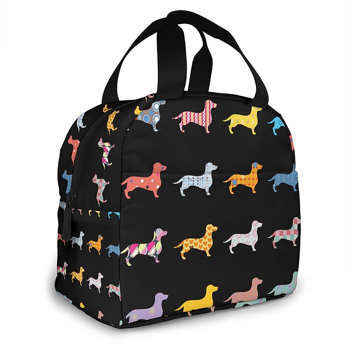 Groamaup Insulated Lunch Bag Black Cartoon Dachshund Puppy Dog Reusable Cooler Tote Lunch Bags For Office Travel