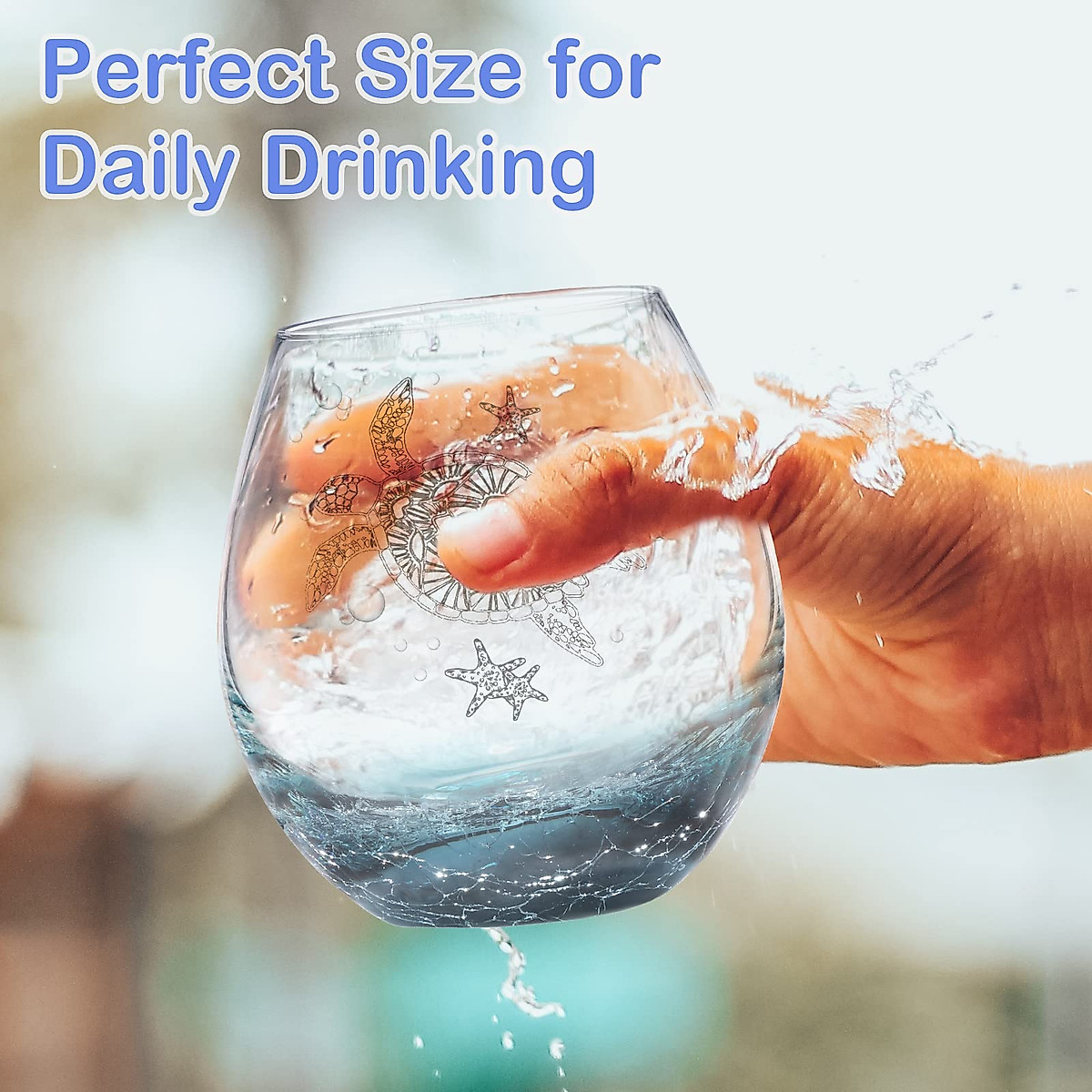 Sea Turtle Stemless Wine Glass, 19 Oz Ideal Unique Ocean Coastal Beach Gifts for Sea Turtle Lovers, Birthday Mother's Day Gifts for Party Women Man Mom Friends Co-worker (Crackle Teal)