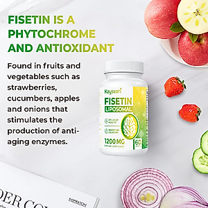 Kayseari Fisetin 1200mg Liposomal Fisetin Supplements 98% Pure Fisetin Polyphenols Antioxidants Immunity Health Aging Cognitive Support Non-GMO 120 Capsules