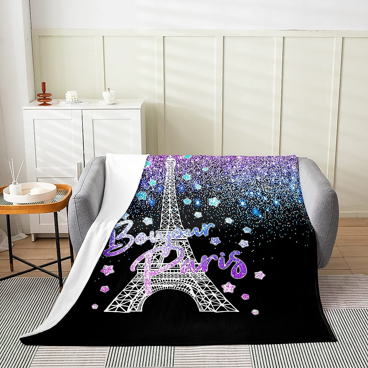 Feelyou Glitter Flannel Fleece Blanket Set Eiffel Tower All Season,Bed Blanket Set for Kids Purple Glitter Paris Tower Plush Throw Blanket,Valentines All Season,Bed Blankets 40"x50"