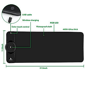 Gaming Mouse Pad,15W Qi Fast Chargering,Extened Large RGB Gaming Mouse Pad,for Large Keyboard and Mouse,Home&Office,10 Lighting Modes,Support Qi Fast Charging Support Mobile Phone Devices,31.5"X11.8"
