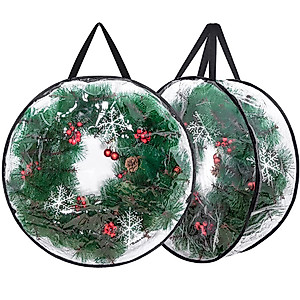 foci cozi 2-Pack Christmas Wreath Storage Container 24'', Clear Wreath Storage Bags with Dual Zippers for Xmas Seasonal Thanksgiving Holiday Artificial Wreath Storage