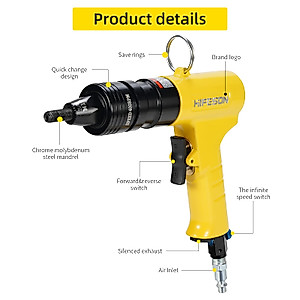 HIFESON Pneumatic Rivet Nut Gun with 1/4 & 5/16 & 3/8 Self-Locking Head Gun,Quick-Change Mandrels,Industrial Grade Adjustable Speed Air Rivnut Gun